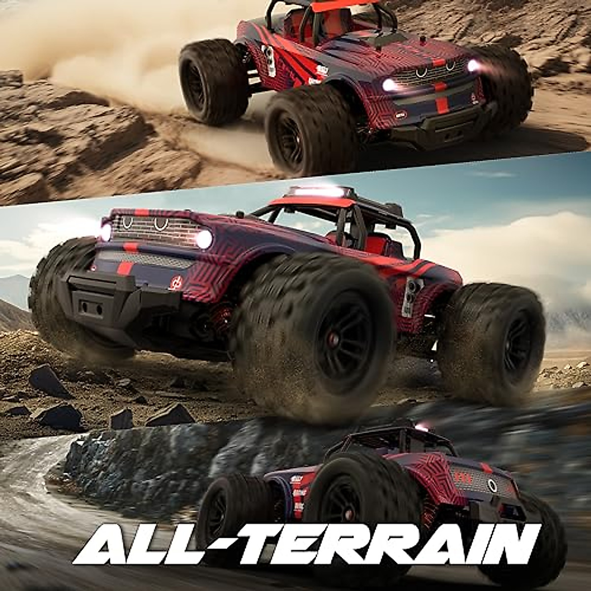 Hosim 1:14 RC Cars with Colorful LED Lights, 40+ KPH High Speed Remote Control Car, 4X4 RTR Fast RC Trucks Waterproof Hobby Toy Off-Road Jumping Crawler Electric Vehicle for Boys Children Adults (Red)