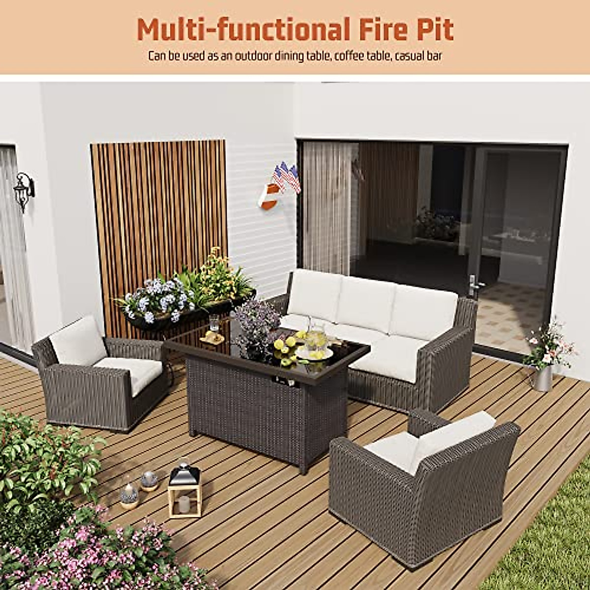 Outdoor Fire Pits,PAMAPIC Propane Fire Pit Table with Glass Wind Guard,42 Inch 50,000 BTU Auto-Ignition Outdoor Fire Tables for Garden Patio Backyard Deck Poolside