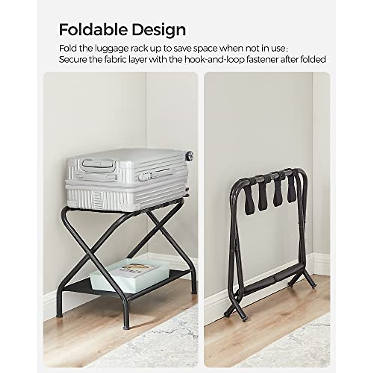 SONGMICS Luggage Rack, Suitcase Stand with Fabric Storage Shelf, for Guest Room, Bedroom, Hotel, Foldable Steel Frame, Holds up to 110 lb, 27.2 x 15 x 20.5 Inches, Black URLR002B01V1