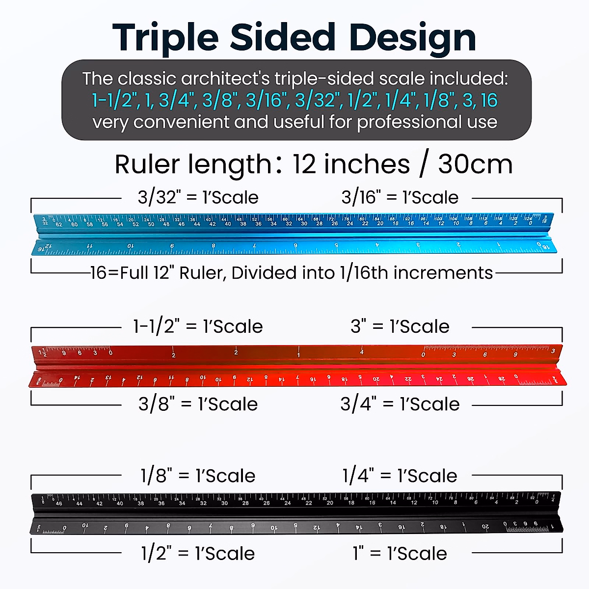 Architectural Scale Ruler, 12" Aluminum Architect Scale, Triangular Scale, Scale Ruler for Blueprint, Triangle Ruler, Drafting Ruler, Architect Ruler, Metal Scale Ruler, Architecture Ruler