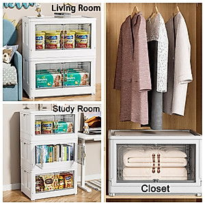 Karramlili Stackable Storage Bins With Lids and Doors 4Pack, 20Gal Collapsible Plastic Closet Organizers and Storage, Large Size Folding Storage Box Containers With Wheels for Home Kitchen Office