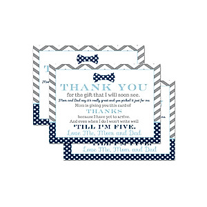 Paper Clever Party Bow Tie Baby Shower Thank You Postcards (15 Pack) Boys Notecards Only - Eco-friendly – Postal Note with Message from Newborn - Navy and Grey – Printed Size 4x6