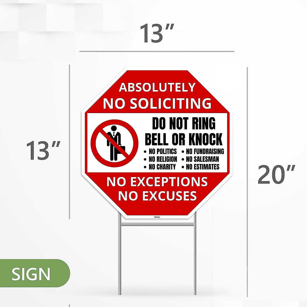 2PC No Soliciting Sign with Stake, 13 Inches by 13 Inches - Corrugated Plastic - No Soliciting No Religious No Trespassing Sign for House Yard