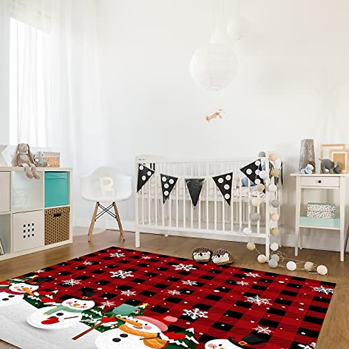 Christmas Rugs Machine Washable Area Rug, Rugs for Living Room, Rugs for Bedroom, Bathroom Rug Kitchen Rug Home Decor Carpet Runner Rug 5'x7', Snowman Snowflake with Red Black Plaid