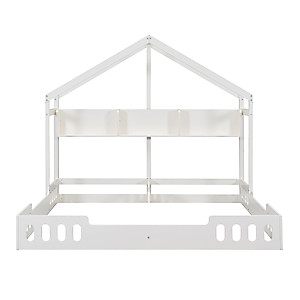 Harper & Bright Designs Twin House Bed for 2 Kids,Wood Double Twin Platform Beds with Rails, Montessori Floor Bed,Two Shared Beds with Shelves and Guardrail,Creamy White
