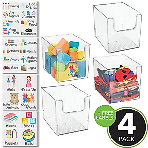 mDesign Open Front Plastic Toy Storage Organizer Bin with Labels - Container for Nursery, Kids Bedroom, Drawer, Dresser, or Playroom Closet - Ligne Collection - Includes 4 Bins + 24 Labels - Clear