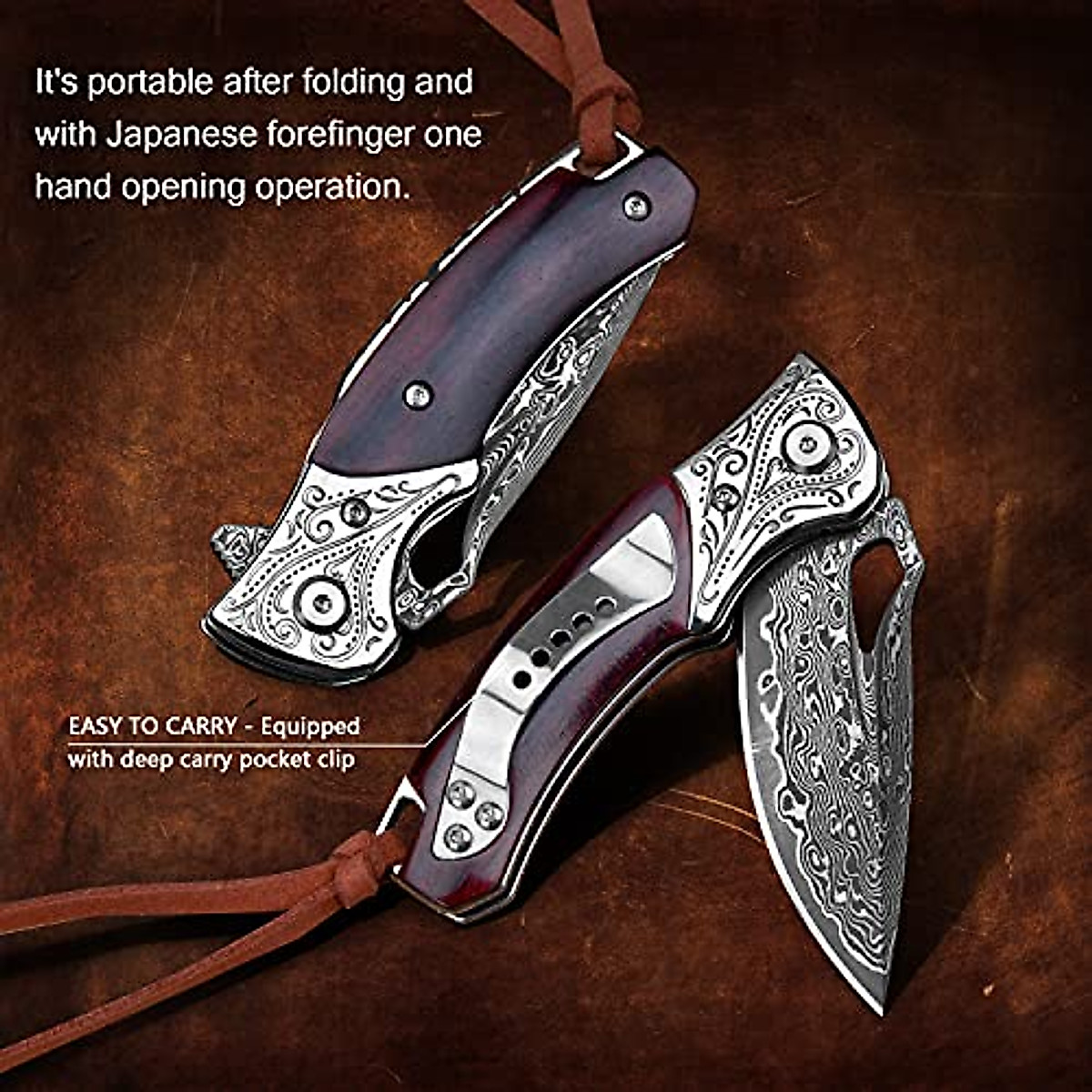 TURENZ Handmade Damascus Steel Flipper Folding Knife with Pocket Clip, Liner Lock, Tactical Knife for Camping, Hunting, Fishing and EDC (Black & White)