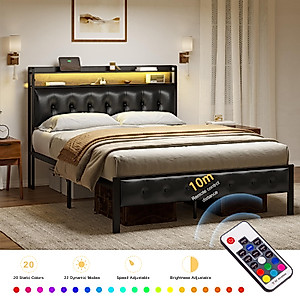 HAUSOURCE Queen Bed Frame with Storage Headboard & Footboard Upholstered Platform Bed with LED Lights USB Ports & Outlets No Box Spring Needed