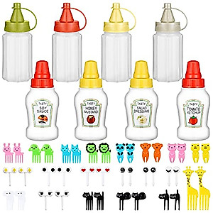 Kritkin 8 Pcs Mini Condiment Bottles Ketchup Squeeze Bottles with 36 Pcs Animal Food Picks for Kids Mini sauce Bottle Salad Dressing Container for Camping Office School Kids Bento Box Accessories