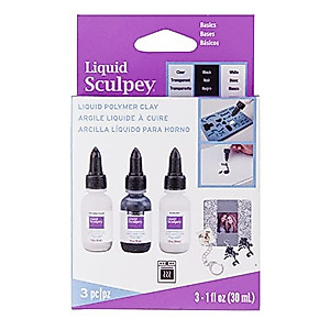 Polyform Liquid Sculpey Liquid Polymer Oven-Bake Clay, Classic Sampler Pack, Three 1 oz. bottles included, White, Black and Clear colors, Great for jewelry, holiday, DIY