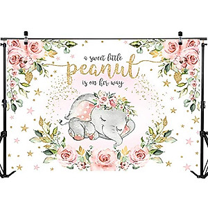 Mocsicka Baby Girl Elephant Baby Shower Backdrop Pink Floral Sweet Little Peanut is on Her Way Photo Backdrops Cute Elephant Party Cake Table Photography Background (7x5ft)