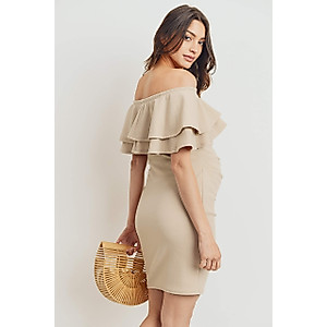 LaClef Women's Off Shoulder Maternity Dress with Double Ruffle, Taupe Solid, Large
