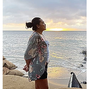 Women's Floral Print Puff Sleeve Kimono Cardigan Loose Cover Up Casual Blouse Tops(Dark Grey,L)