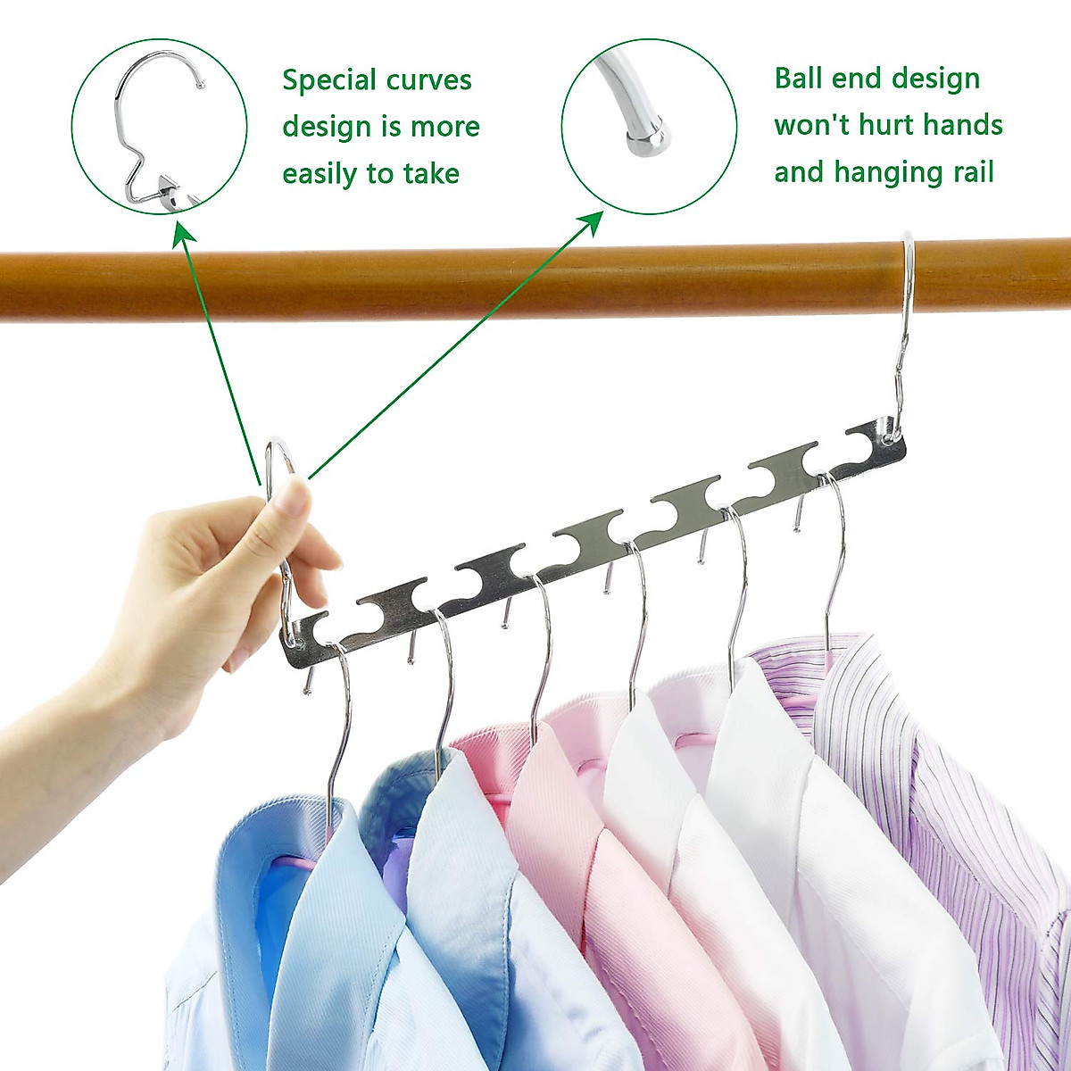 TOPIA HANGER Closet Hangers Space Saving, Heavy Duty Chrome Clothes Hanger Organizer, Multifunctional Hangers for Closet with Wider Wavy Slots and Hooks 4pcs, CT11C