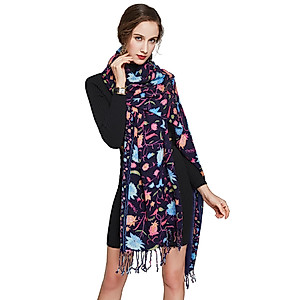 DANA XU 100% Merino Wool Extra Large Pashmina Blanket Travel Scarf Cashmere Wrap for Women Fall Winter Oversize Shawl Floral