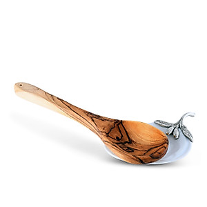 Vagabond House Porcelain Olive/Jam/Oil/Vinegar Server and Spoon Rest with Solid Pewter "Olive Branch" Accent 4.5 inch Long x 2.5 inch Wide