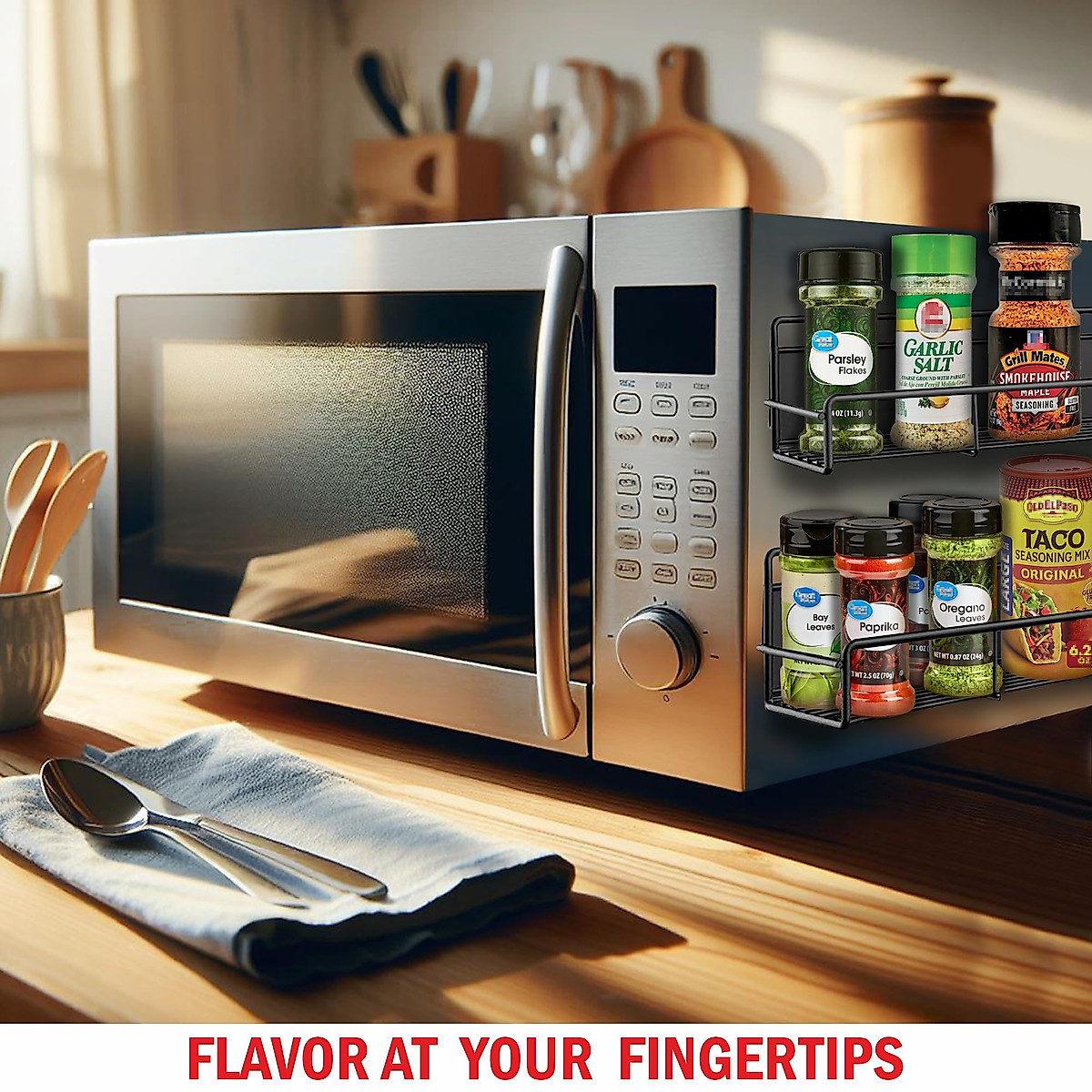 4 Magnetic Spice Racks for Refrigerator - Extra Strong Magnetic Hold and Enhanced Storage Capacity with 2 Medium & 2 Large Shelves - Space Saving Magnetic Shelf for Fridge, Include 5 Bag Clip & 8 Hook