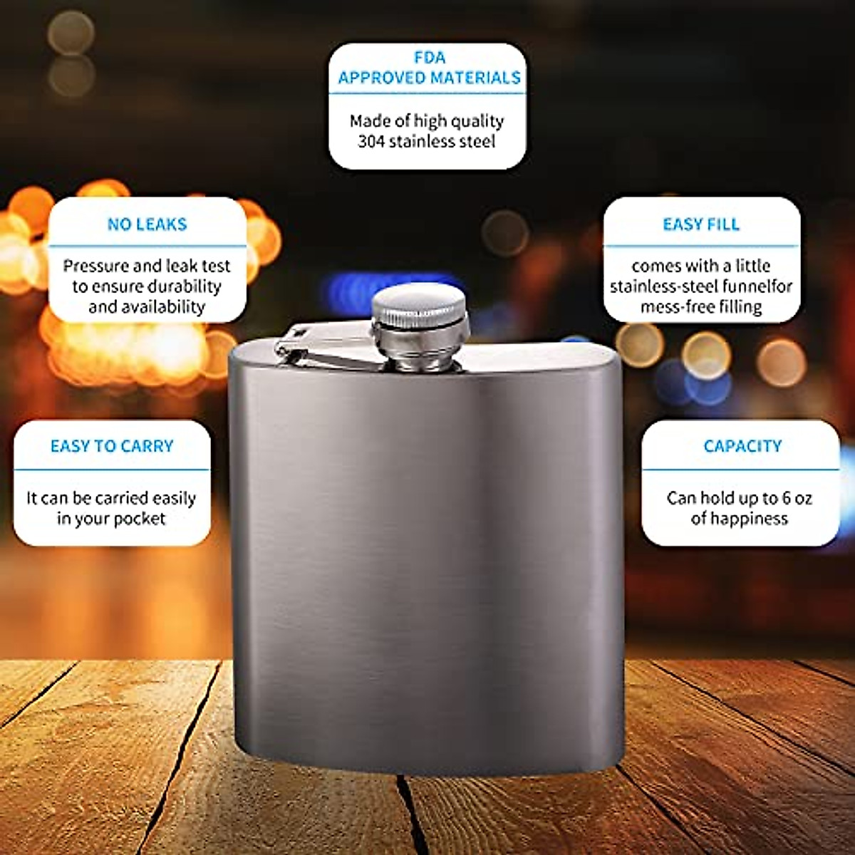 Hip Flask for Liquor 1PCS Silver Thin Flasks 6oz Stainless Steel Leakproof with 1pcs Funnel for Gift, Camping, Wedding Party