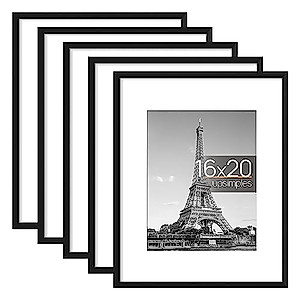 upsimples 16x20 Picture Frame Set of 5, Display Pictures 11x14 with Mat or 16x20 Without Mat,Wall Gallery Poster Frames,Black