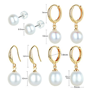 Pearl Earrings14K Gold Plated Freshwater Pearl Earring 4 Pairs Pearl Drop Earrings for Women