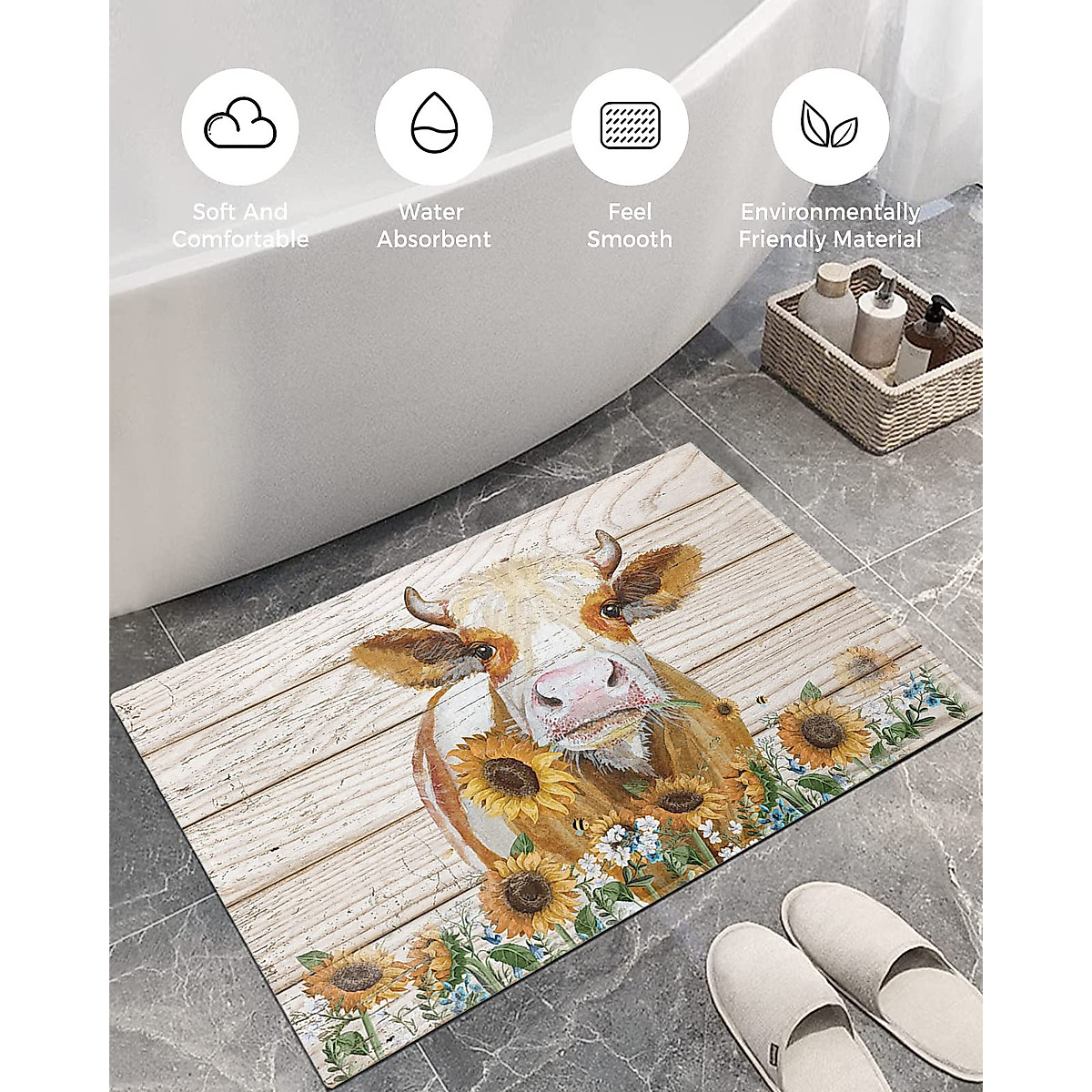Fluffy Bath Rug Cow Sunflower Farm Flowers Animals Plank,Non Slip Shag Carpet Soft Floor Door Mat Pastoral Country Farmhouse,Absorbent Entrance Rugs for Kitchen Bathroom Living Room 24x35in
