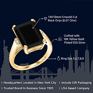 Gem Stone King 18K Yellow Gold Plated Silver Black Onyx Women Ring (6.67 Cttw, Emerald Cut 14X10MM, Gemstone Birthstone, Available In Size 5, 6, 7, 8, 9)