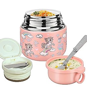Healthlif 10oz Kids Soup Thermo for Hot Food Insulated Food Jar, Ceramic Coating Thermos Hot Food Lunch Container, Width Mouth Stainless Steel Lunch Box with Spoon(Pink Unicorn)
