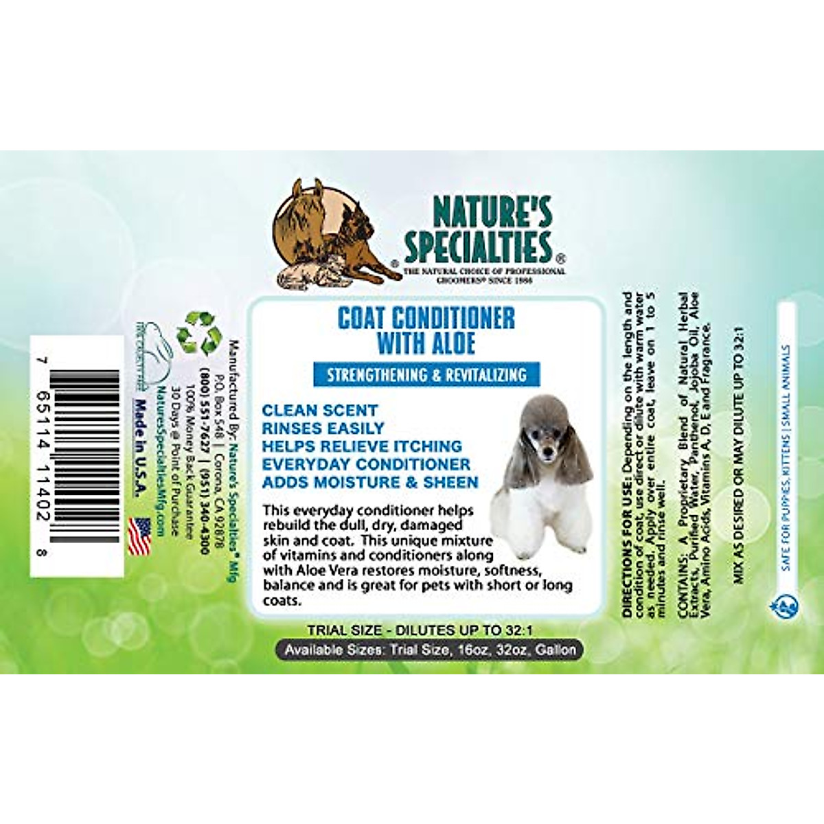 Nature's Specialties Coat Conditioner with Aloe for Pets, Natural Choice for Professional Groomers, Strengthening & Revitalizing, Made in USA, 16 oz