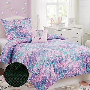 Kaleido Space Kids Comforter Set Twin Size for Girls, Glow in The Dark Mermaid Bedding Set 1 Comforter, 1 Decor Pillow, 1 Pillow Shams