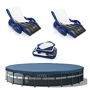 Intex 26 Foot by 52 Inch Framed Swimming Pool with Pool Cover, Inflatable Beverage Cooler, and Set of 2 Inflatable Floating Recliner Chairs, Dark Gray