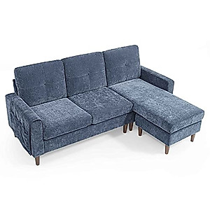 ATY Convertible Sectional Sofa with Removable Ottoman and Cushions, 3 Seats L-Shape Chenille Couch w/Pocket & Rubber Wood Legs, Perfect for Livingroom, Aapartment, Small Space, 80", Navy