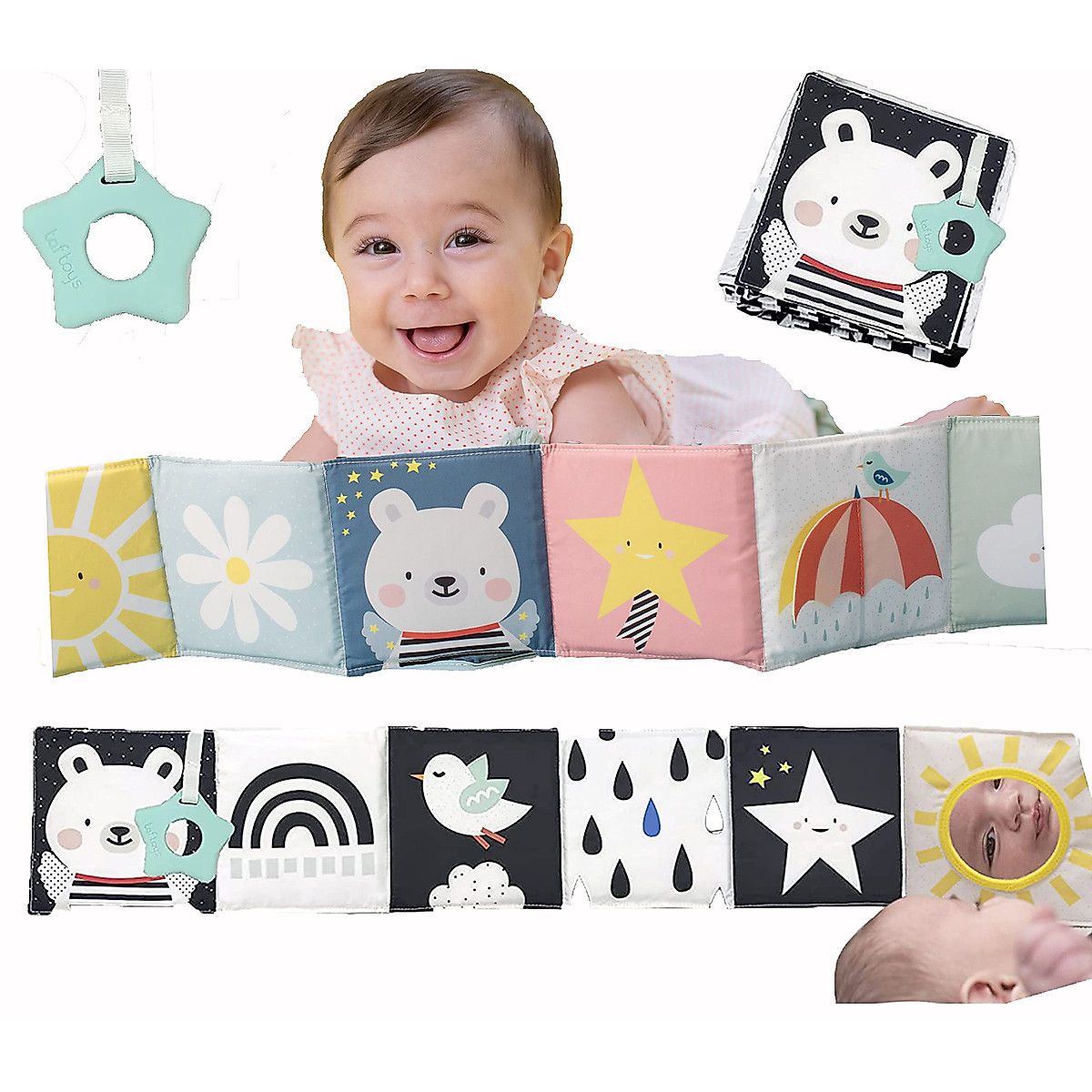 Baby Steps Angel Bear Black White High Contrast Baby Soft Cloth Book Tummy Time Toys,Baby Safe Mirror Teether Early Educational for Infants Toddlers Sensory,0-3 Yrs Newborn Crinkle Book for Babies