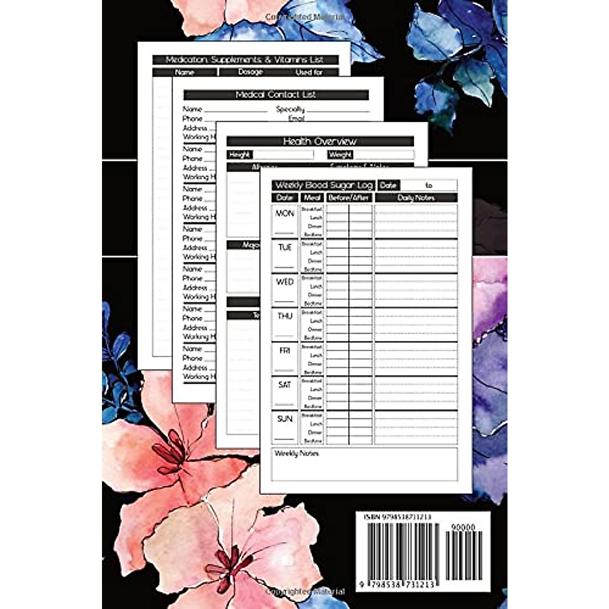 Blood Glucose Log Book: 2 Year Daily & Weekly Blood Sugar Record Journal from Breakfast to Bedtime with Contact List, Medication List, & Health ... | Personal Healthcare Diary for Women & Men
