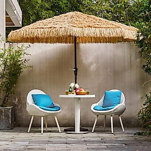 KITADIN 10FT Patio Umbrella Thatched Tiki Outdoor Umbrella with Plug Tropical Hawaiian Style Grass Beach Umbrella with Crank Lift Natural (No Base)