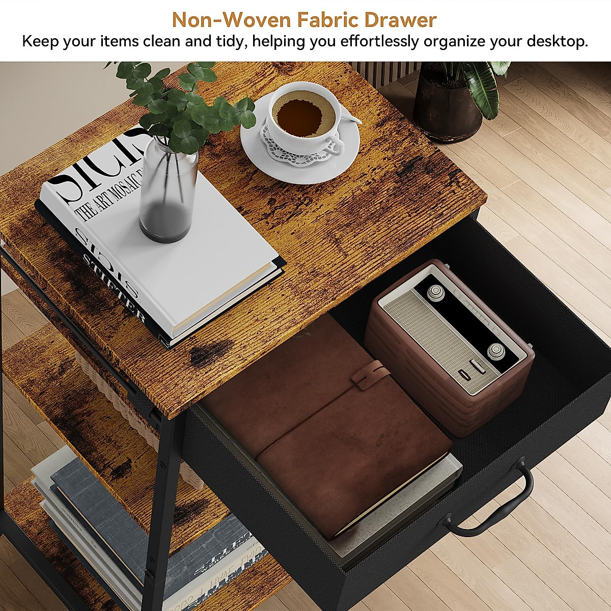 Industrial Printer Stand Rack 3 Tier Printer Table with Storage Printer Shelf with File Drawer Sofa Side Tables Nightstand for Bedroom Machine Stand Holder for Office and Home, Brown