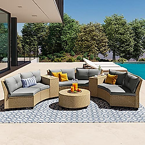 XD Designs 6-Persons Outdoor Half Round Patio Rattan Sectional Sofa Set, All Weather PE Wicker Free Combination Conversation Sofa Set with Thick Cushions and Coffee Table for Garden Yard (Brown+Gray)