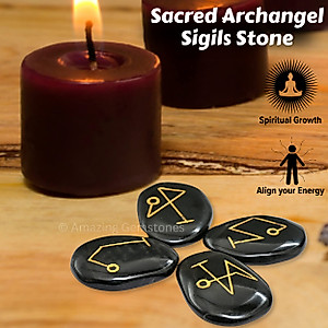 Archangel Stones Set of 4 - Michael, Gabriel, Raphael, Uriel Signature Symbol for Talisman Protection - Black Agate Healing Crystals and Healing Stones