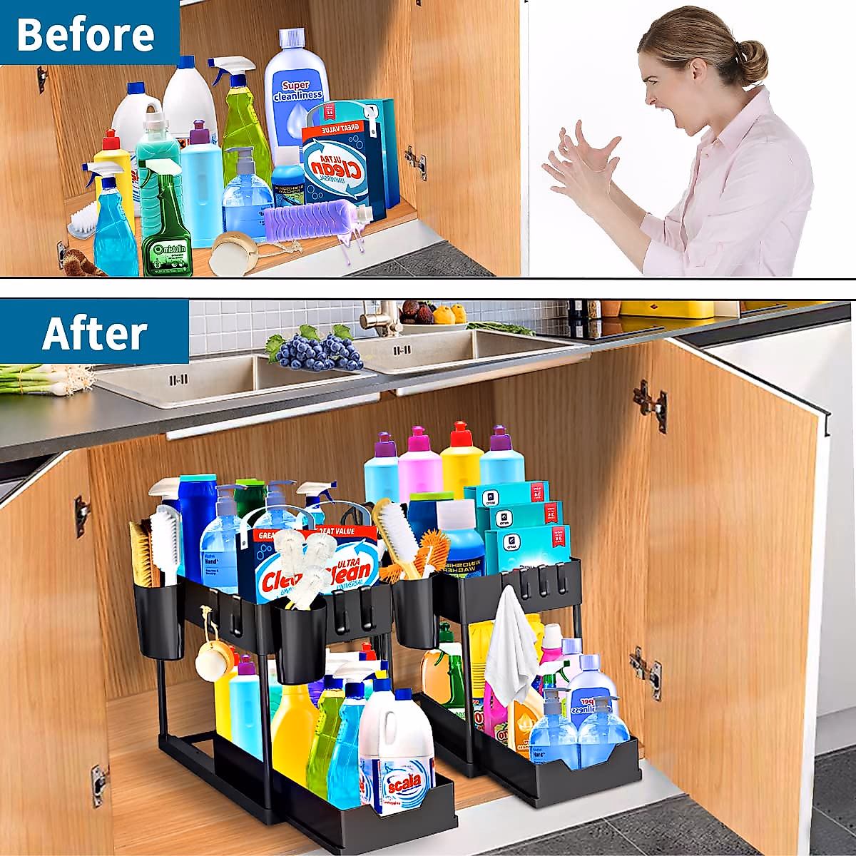 Under Sink Organizers and Storage, Pull Out Undersink Organizers Basket, 2 Tier Bathroom Cabinet Storage with Towel Rack Hooks, Hanging Cup, Multi-purpose Storage Shelf for Kitchen Toilet