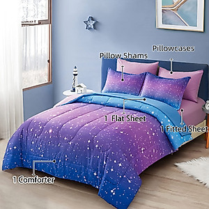 Drucon Rainbow Comforter Set Queen Size for Teen Girl &Boys,7 Pieces Bed in A Bag Blue Purple Rainbow Bedding Set Queen Size(1 Comforter, 1 Flat Sheet, 1 Fitted Sheet, 2 Pillow sham, 2 Pillowcases)