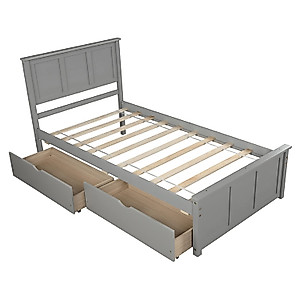 Twin Bed with Drawers,Wood Platform Bed Frame with Headboard and Footboard Wooden Captain Bed for Boys, Girls, Kids, Teens, Gray