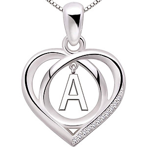 ALOV Jewelry Sterling Silver Initial Letter Alphabet Love Heart Cubic Zirconia Pendant Necklace (A)
