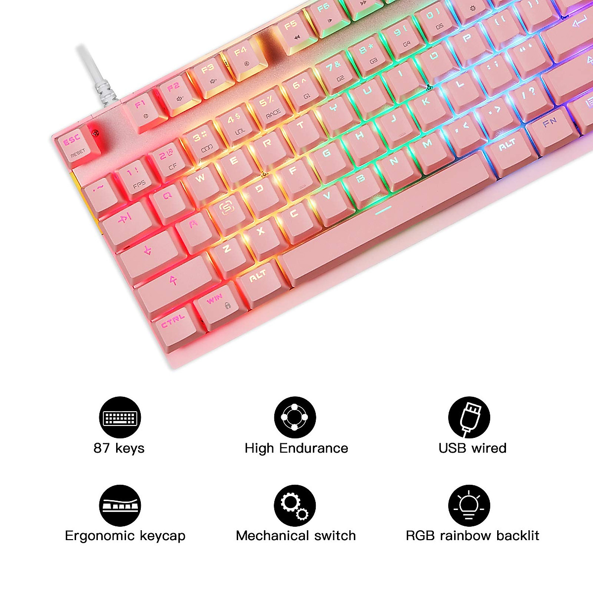 MOTOSPEED Professional Gaming Mechanical Keyboard RGB Led Backlit Wired with Anti-Dust Proof Switches for Gaming Keyboard for Mac & PC (Pink, 87 Key Blue Switches)