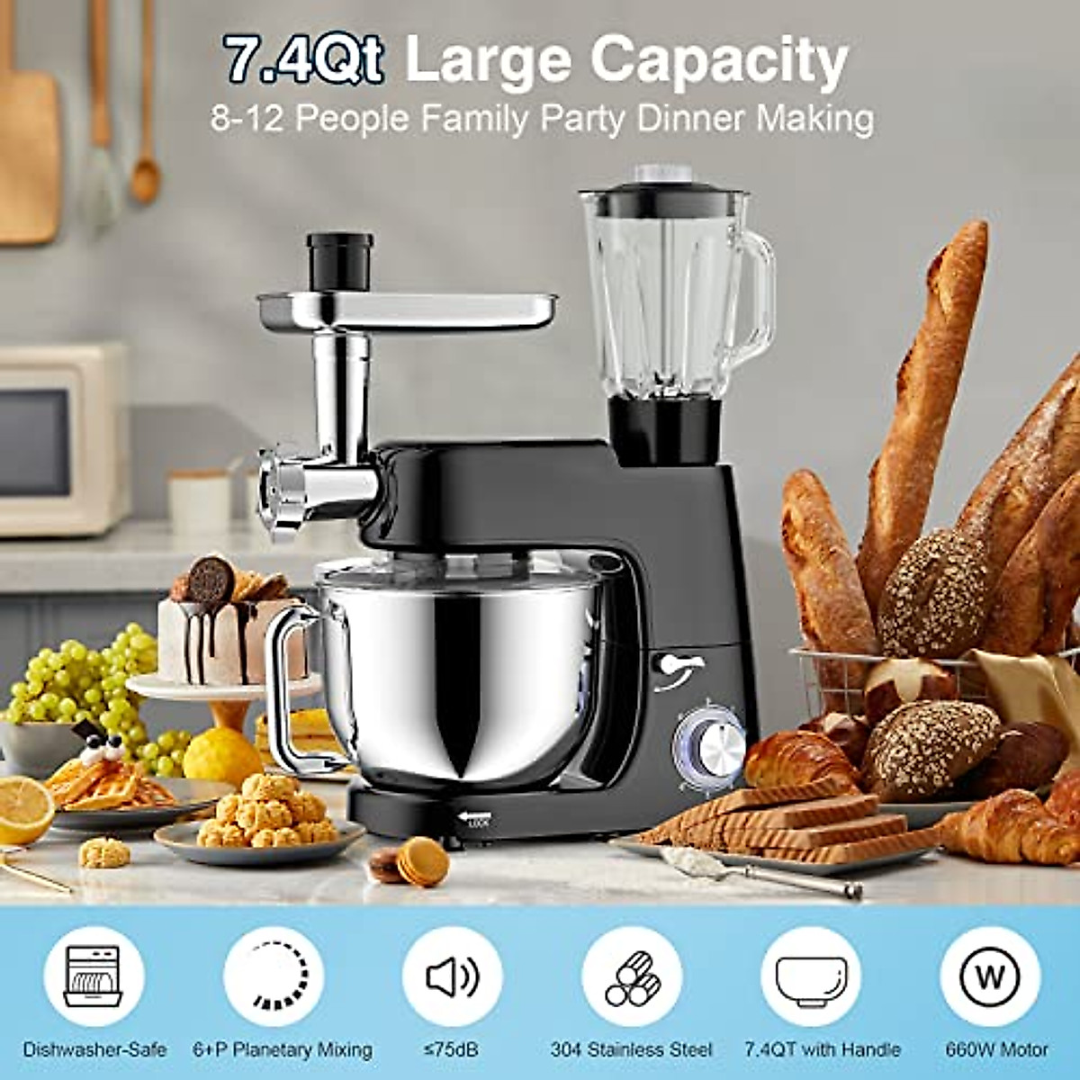 Stand Mixer, 6 IN 1 Multifunctional Electric Kitchen Mixer 660W 6 Speed with 7.4QT Stainless Steel Bowl, 1.5L Glass Jar, Meat Grinder, Dough Hook, Whisk, Beater, Sausage Kit, Food Mixer for Baking