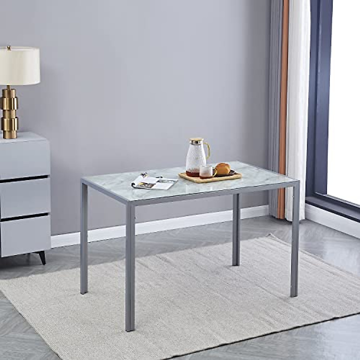 Paonne Gray Marble Dining Table Rectangular, Gray Kitchen Table with Tempered Glass Tabletop and Metal Frame, Glass Dining Table for Restaurant and Apartment (45.3" * 27.5" * 29.5")