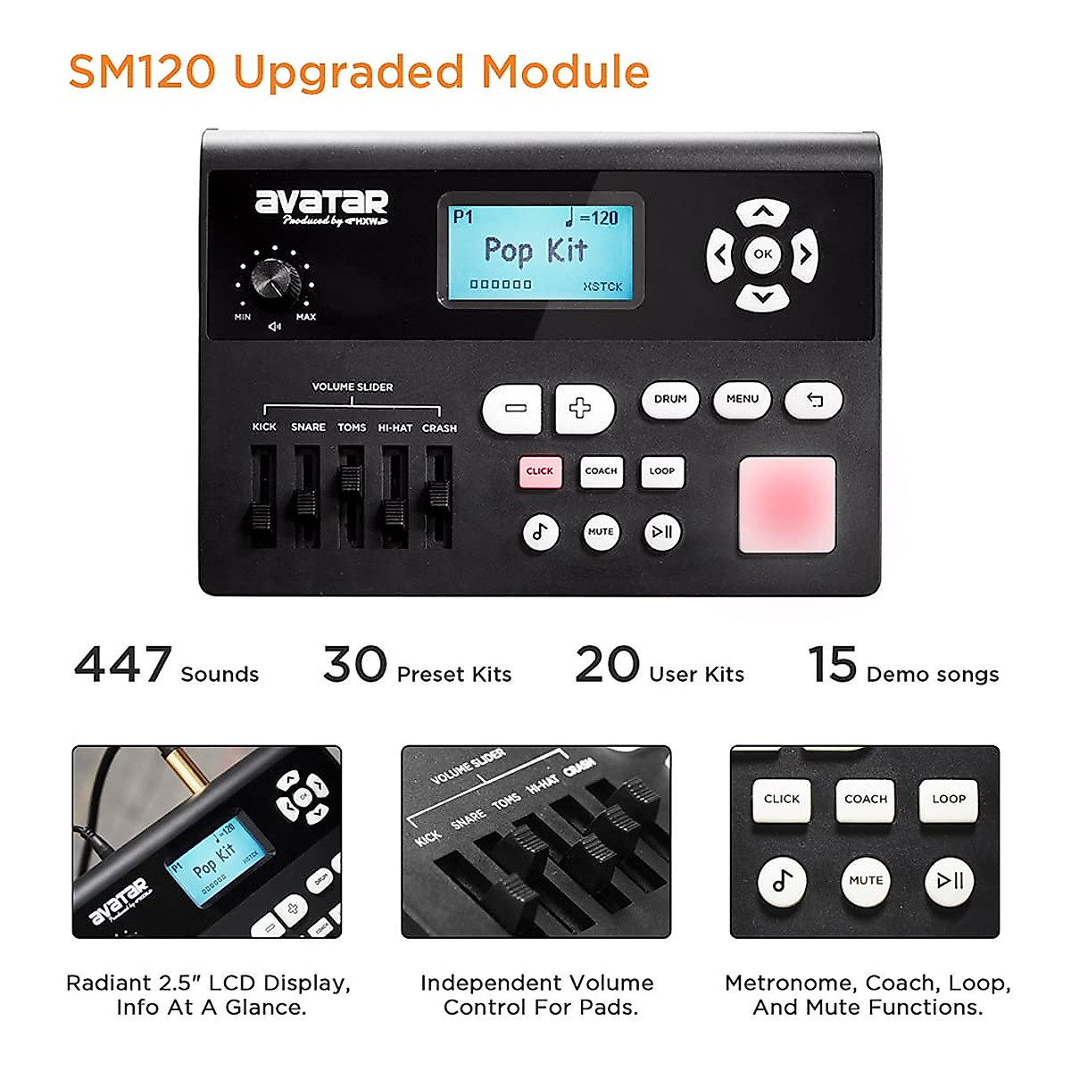 HXW SD61-5 Professional Electric Drum Set Mesh Electronic Drum Kit with 447 Sounds, Dual-zone Snare, Cymbal With Choke, Kick Tower, Support to Add Extra Tom & Cymbal