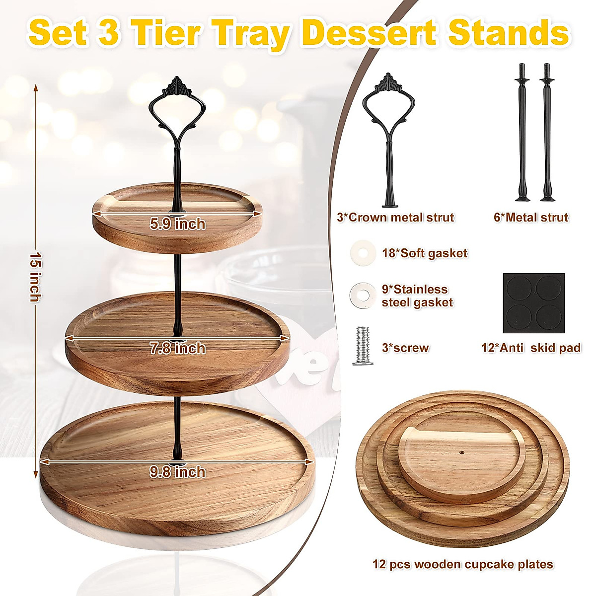 3 Tier Wood Cupcake Stand, 3 Pack Wooden Serving Tray, Rustic Farmhouse Dessert Display Tiered Cake Holder for Kitchen, Wedding, Tea Party, Farmhouse Decorations (Medium(5.9''7.8''9.8''))