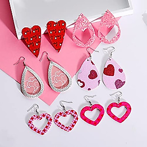 Valentine's Day Leather Earrings for Women Lightweight Faux Leather Teardrop Dangle Earrings Heart-Shaped Print Drop Earrings Set Valentine Day Gift for Girlfriend