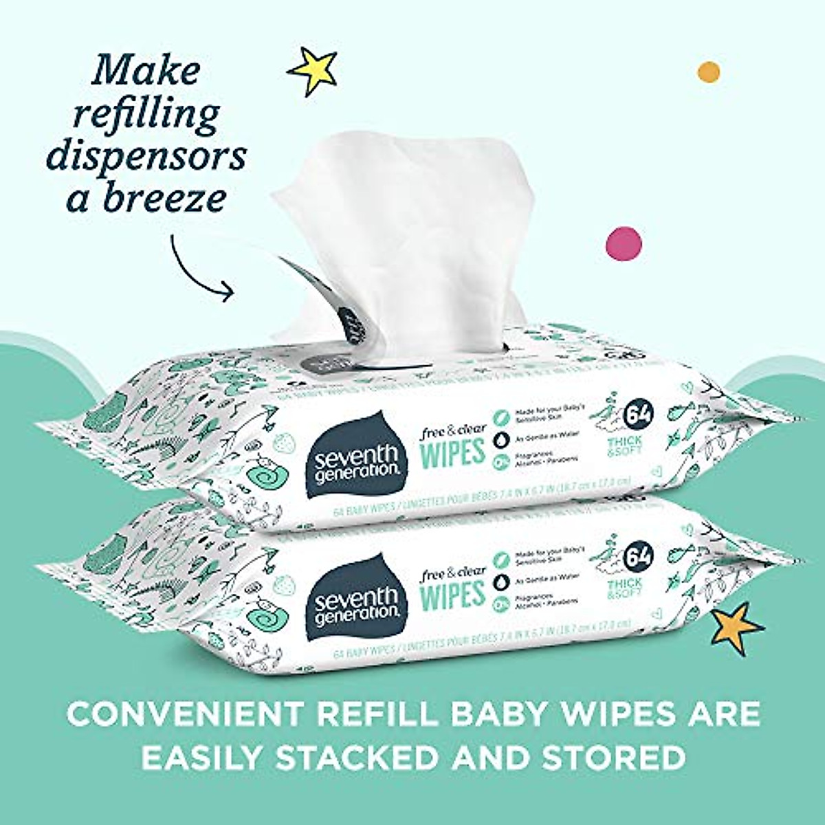 Seventh Generation Free & Clear Baby Wipes Refill Unscented and Sensitive Gentle as Water 64 count Pack of 12 (768 Total)