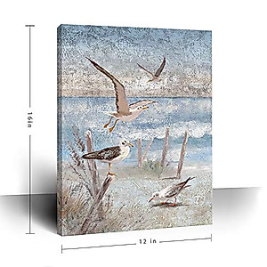 Beach Wall Art Bathroom Decor Ocean Theme Canvas Print Coastal Painting Perching Bird by The Sea Shore Abstract Seascape Picture Framed Artwork for Bedroom Living Room Office Ready to Hang 12x16inch