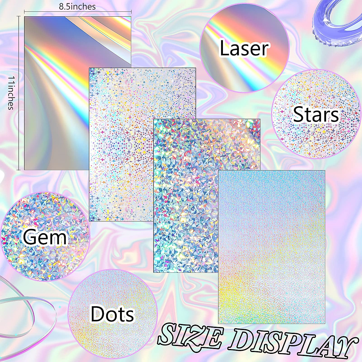 Kosiz 100 Sheets Metallic Holographic Card Stock Shiny Glitter Cardstock Paper Iridescent Mirror Paper 8.5 x 11'' 250 GSM Thick Mixed Color Foil Paper for Scrapbook Letter Poster Craft(Laser Color)
